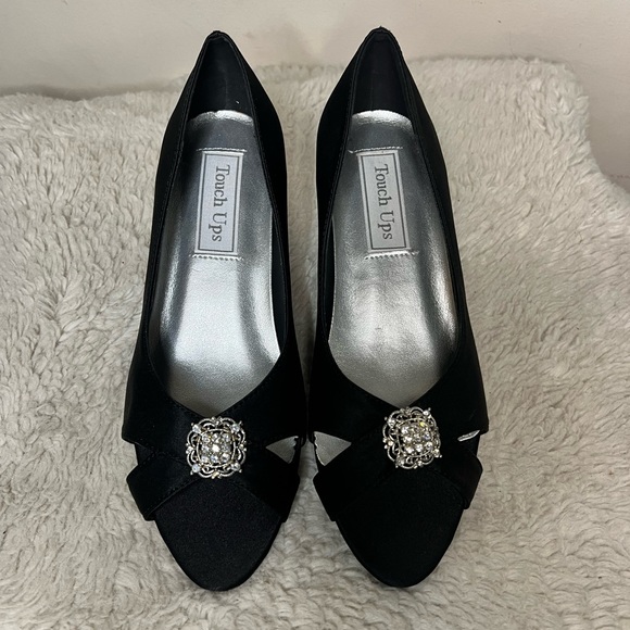 Touch Ups | Shoes | Nib Touch Ups Black Satin Low Heel Peep Toe ...